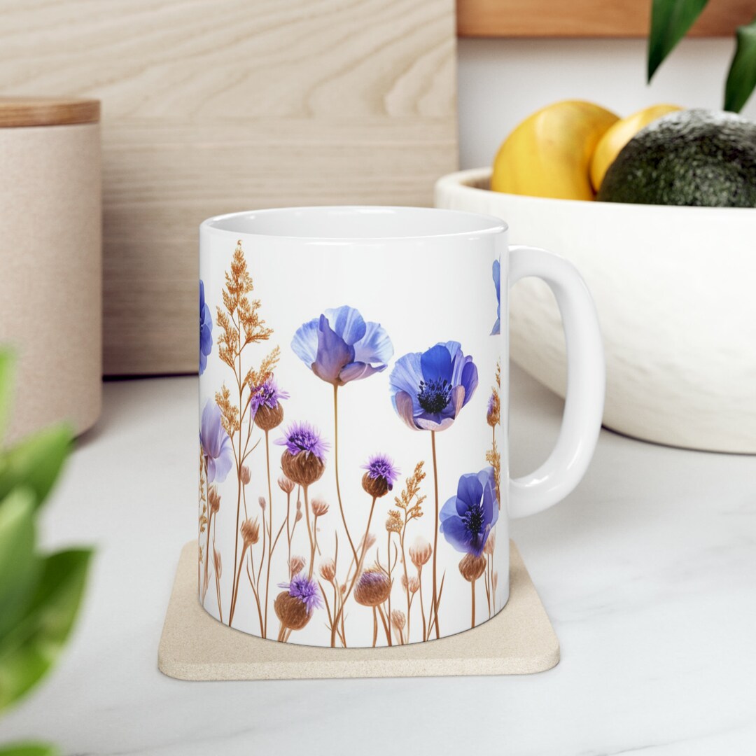 Pressed Flowers Mug,boho Wildflowers Mug,botanical Teacup,blue and ...