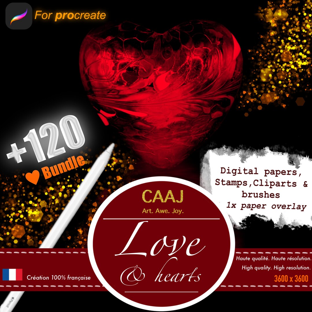 120 LOVE & Hearts Bundle Brushes Stamps CLIPART Glitter Digital Papers ...