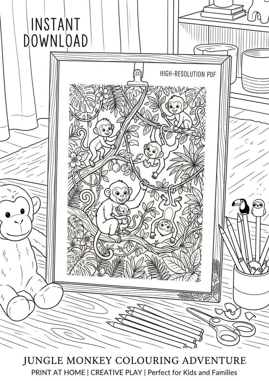Jungle Monkey Adventure Coloring Book for Kids, Printable Safari Animal ...