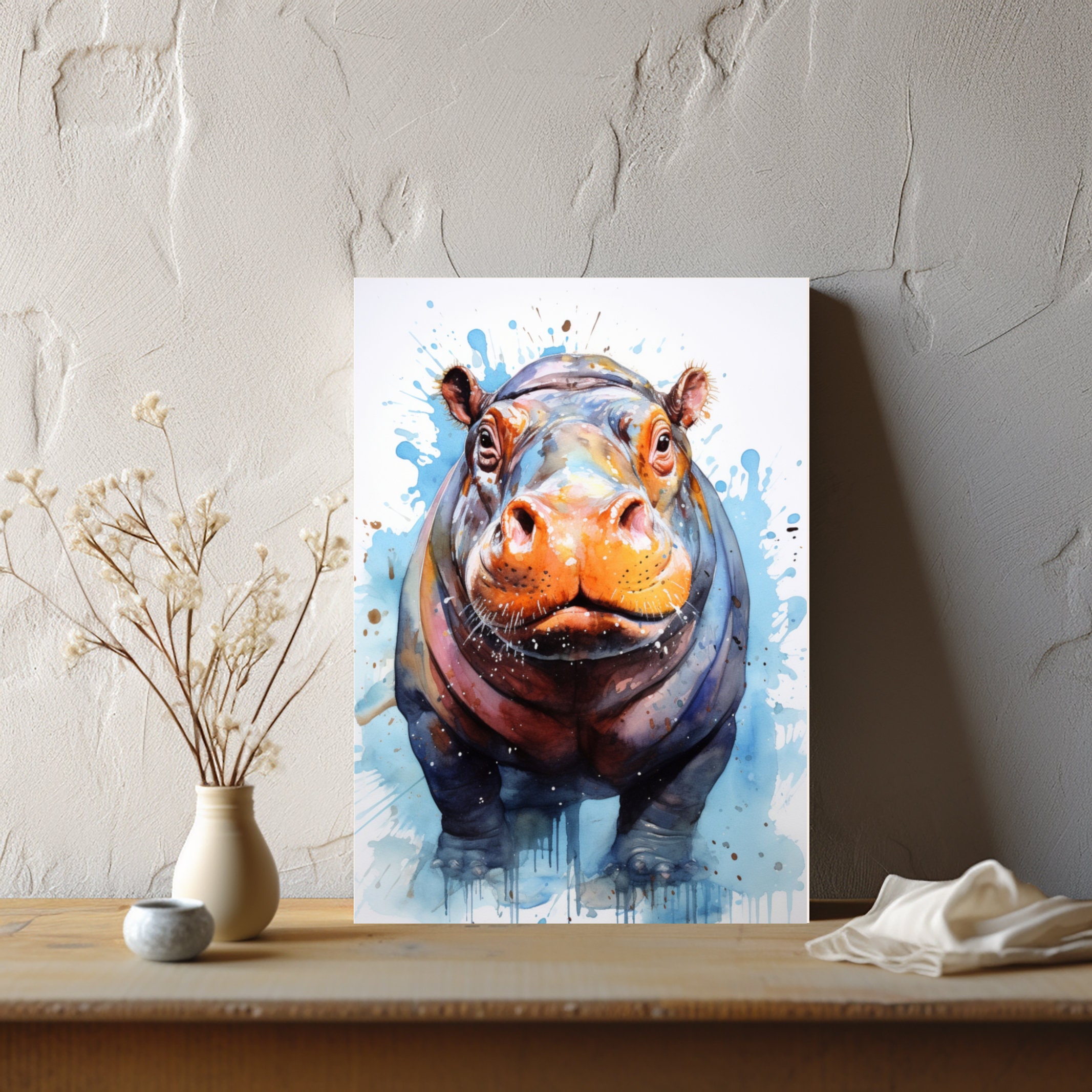 Colorful Watercolor Painting of Hippo on Canvas - Etsy