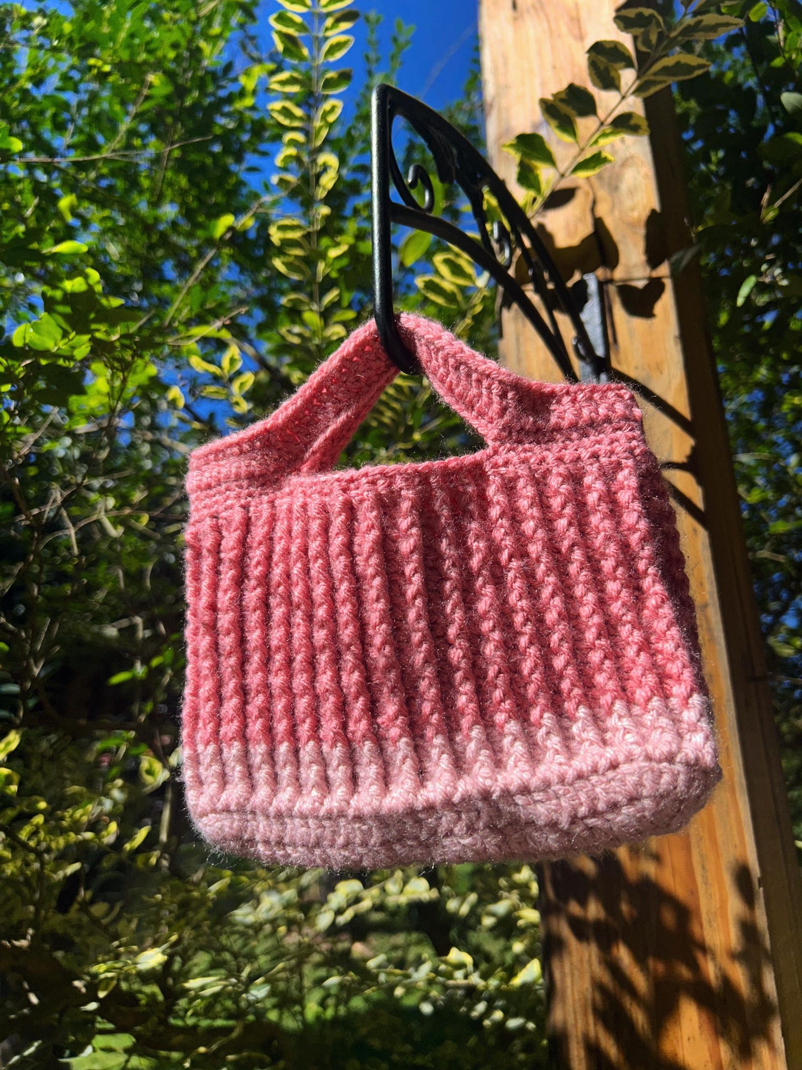 Small Handmade Crochet Pink Coral Handbag With Baby Pink Stripe Made ...