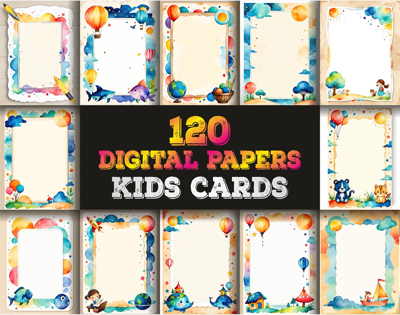 Kids Note Cards - 120 Digital Prints - Digital Papers – Junk Journal ...