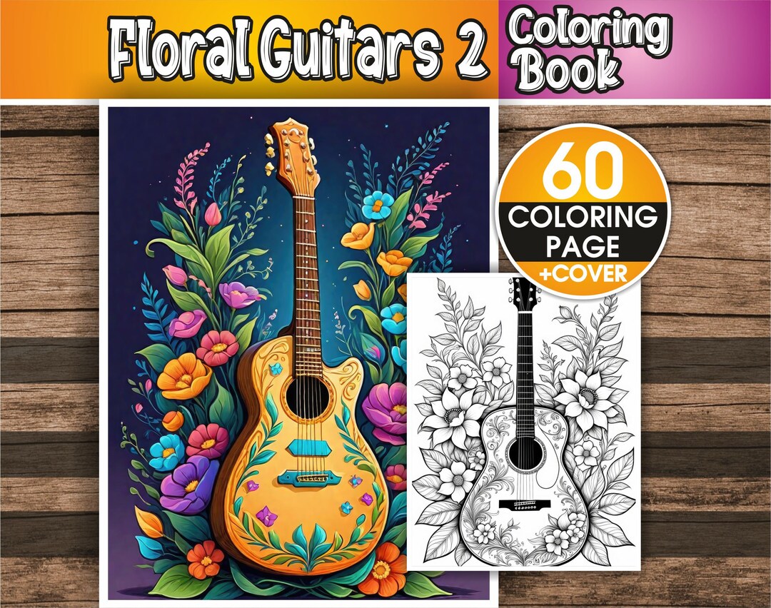 Floral Guitars-2 Coloring Book – 60 Floral Guitars-2 Coloring Pages for ...