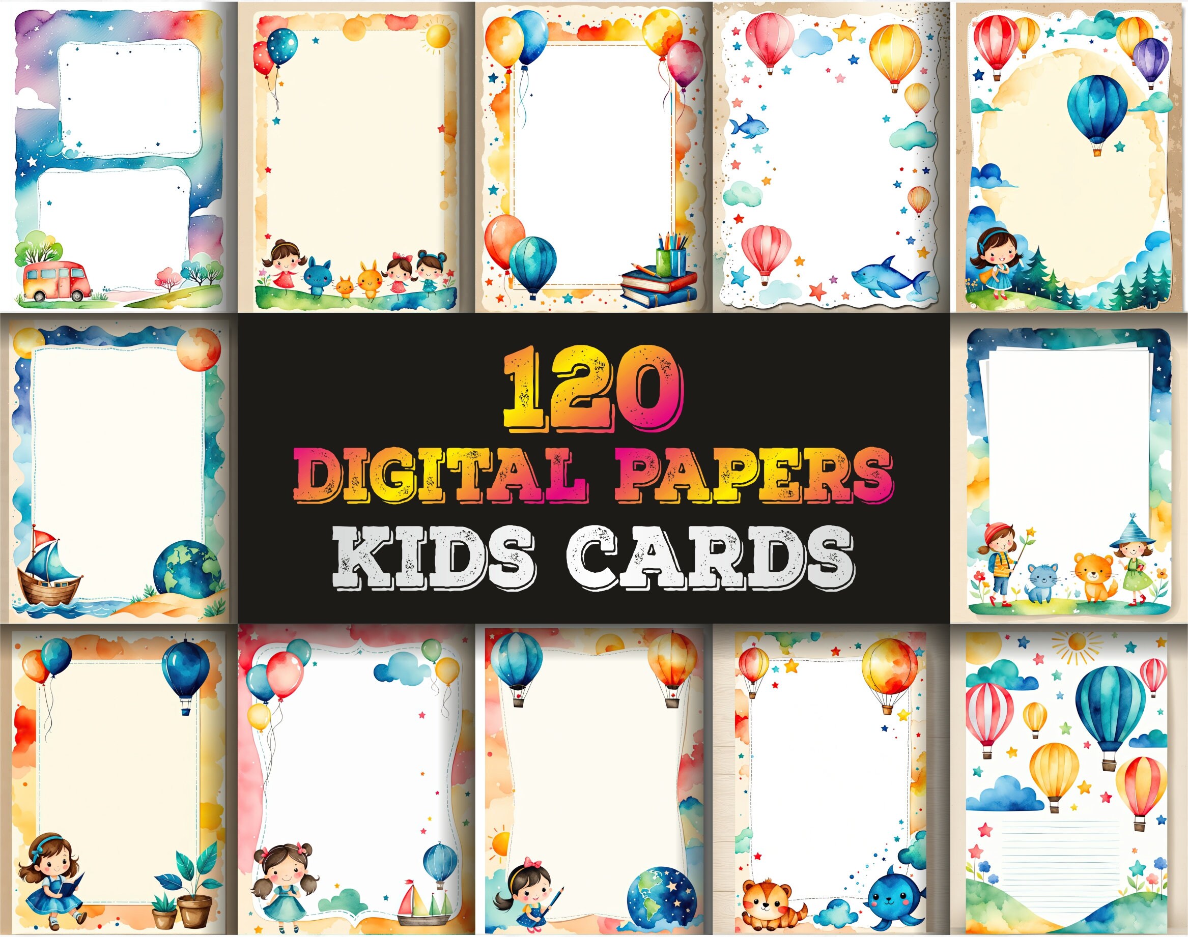 Kids Note Cards - 120 Digital Prints - Digital Papers – Junk Journal ...