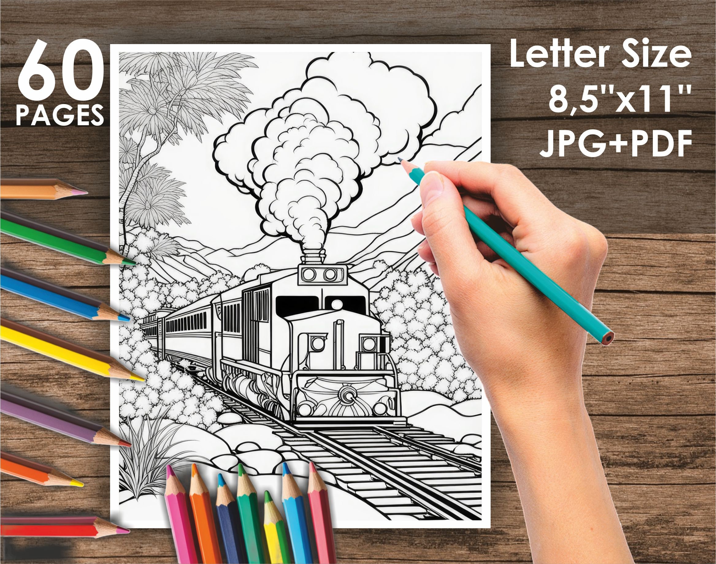Trains Coloring Book – 60 Trains Coloring Pages for Adults & for Kids ...