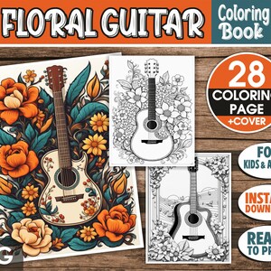 Floral Guitar Coloring Book – 28 Floral Guitar Coloring Pages for ...