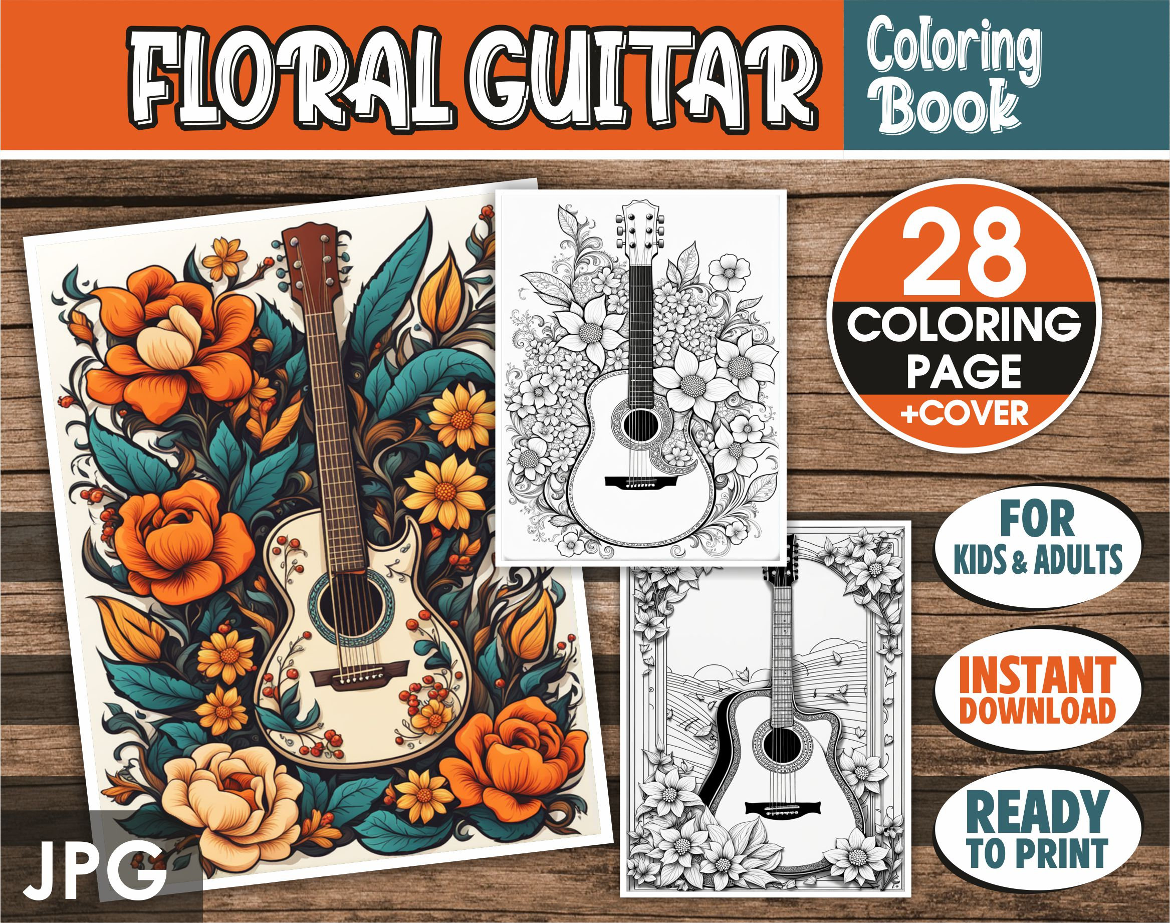 Floral Guitar Coloring Book – 28 Floral Guitar Coloring Pages for ...