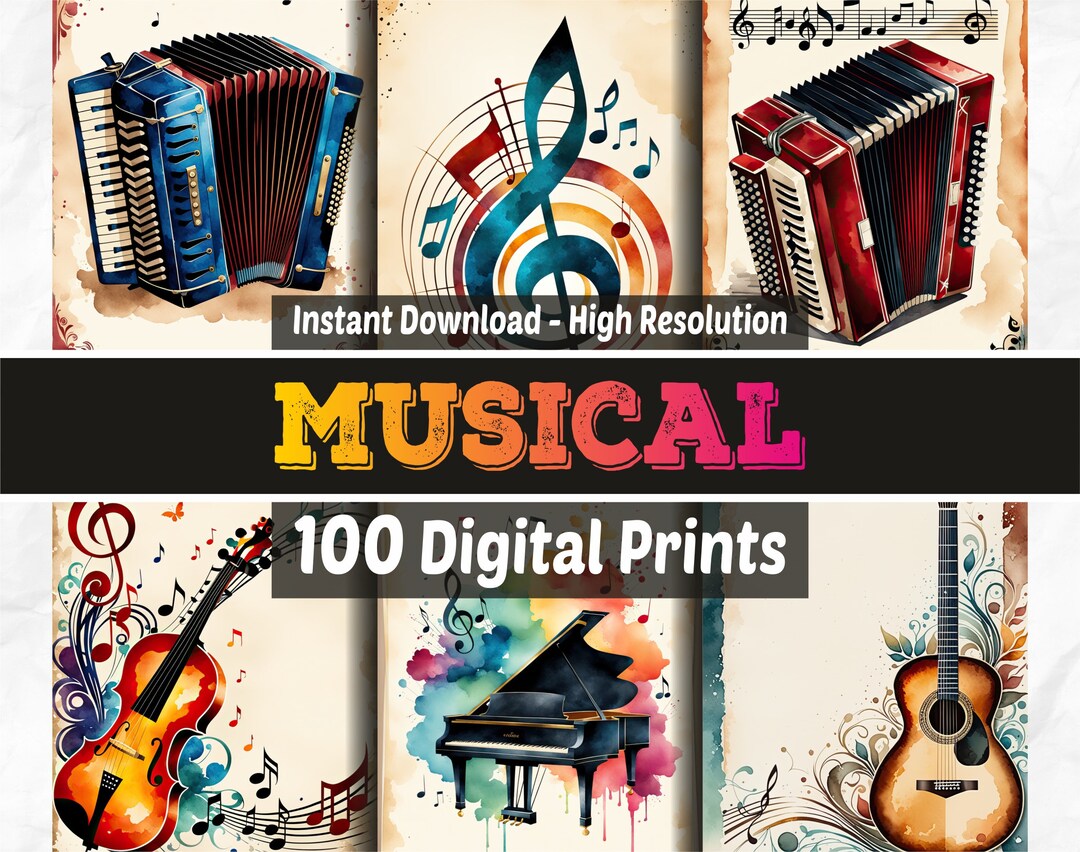 Musical Instrument Digital Paper – 100 Printable Music Illustrations ...