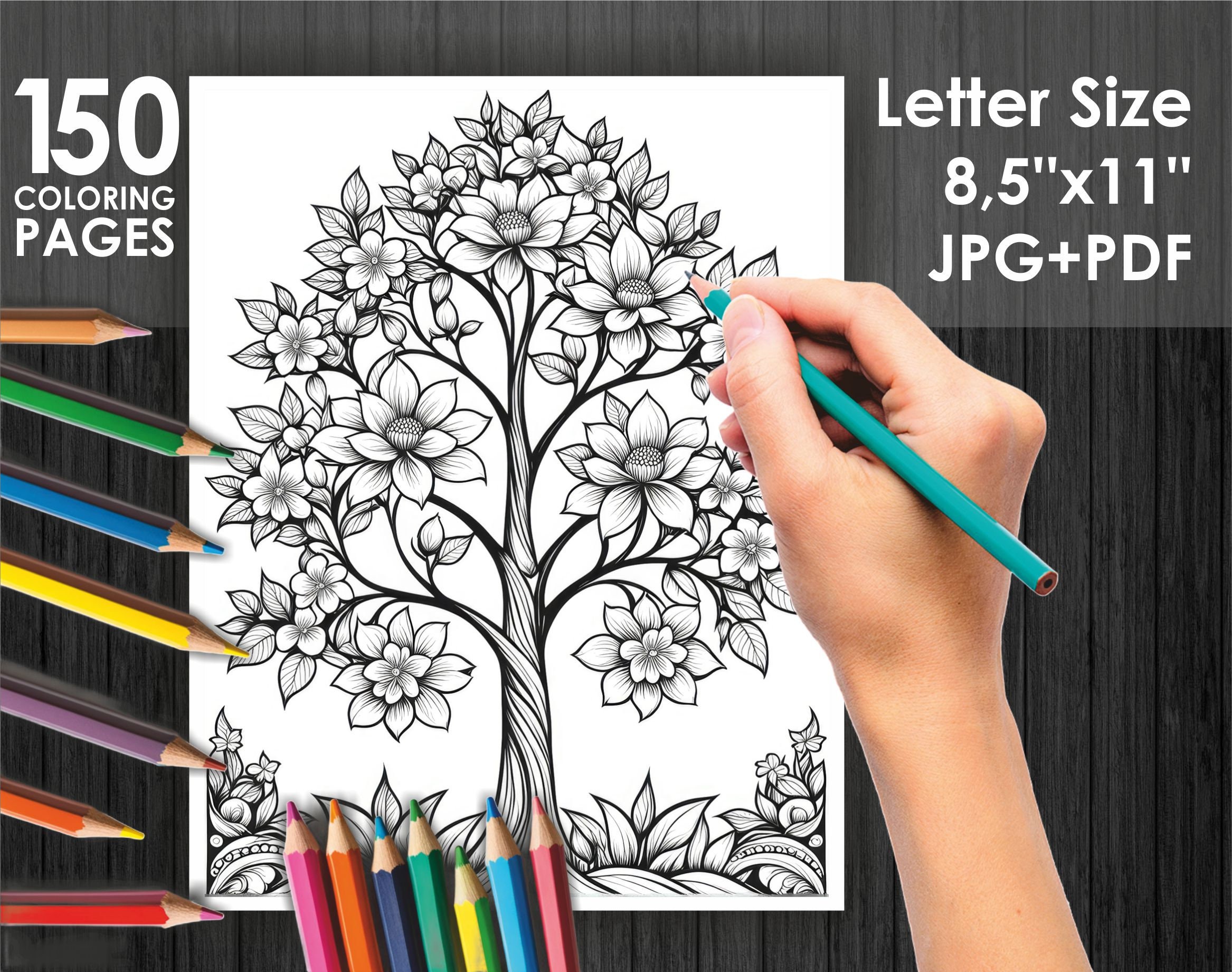Flower Trees Coloring Book – 150 Flower Trees Coloring Pages - Instant ...