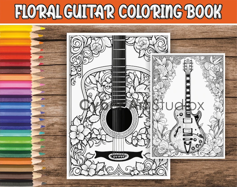 Floral Guitar Coloring Book 28 Floral Guitar Coloring Pages for Adults ...