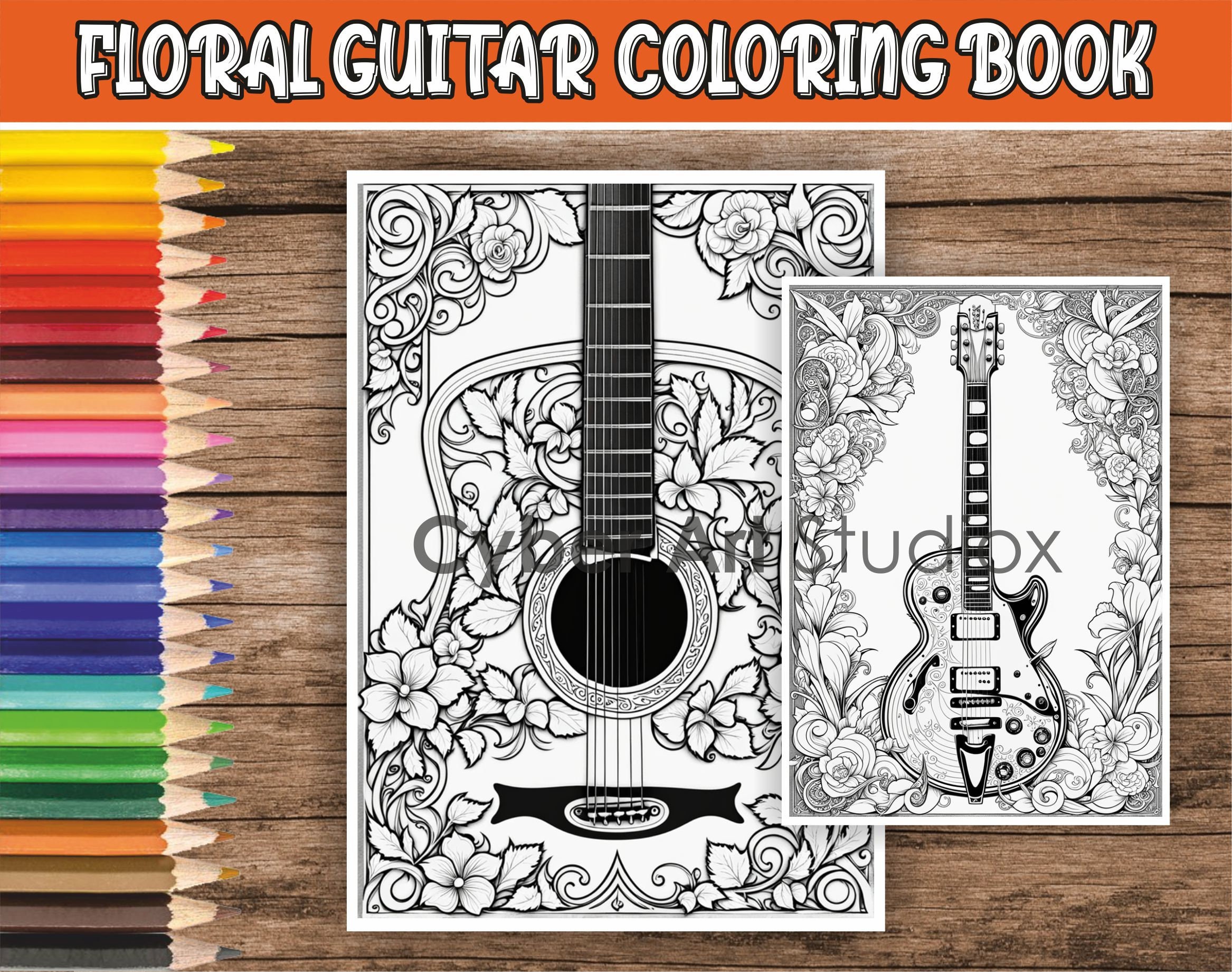 Floral Guitar Coloring Book – 28 Floral Guitar Coloring Pages for ...