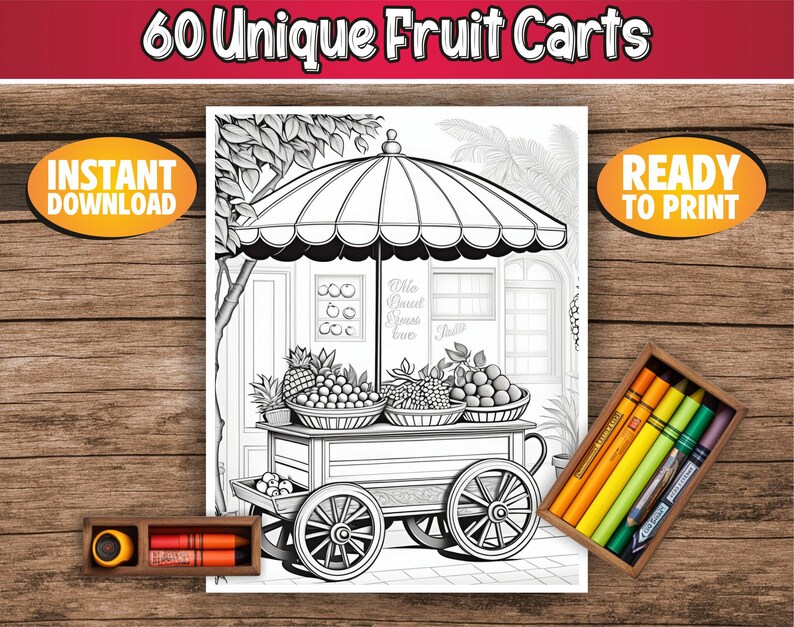 Fruit Cart Coloring Book – 60 Fruit Carts Coloring Pages for Adults ...