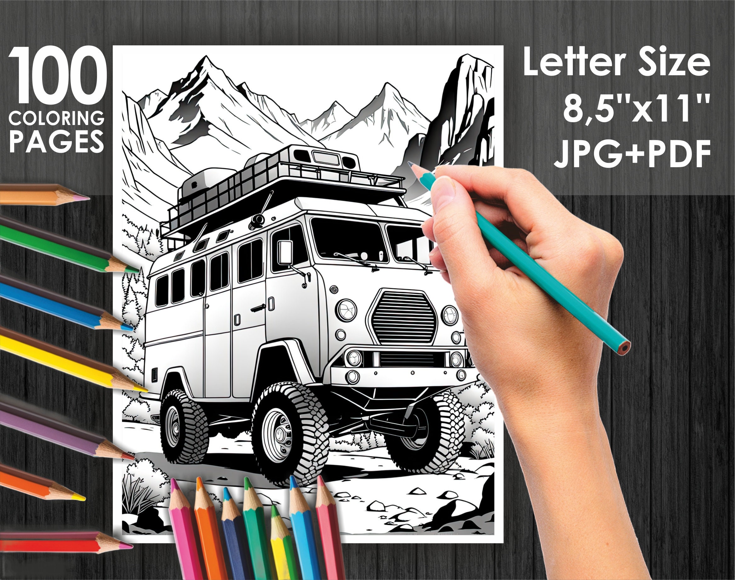 Adventure Vehicles Coloring Book – 100 Pages, Trucks, Cars (digital ...