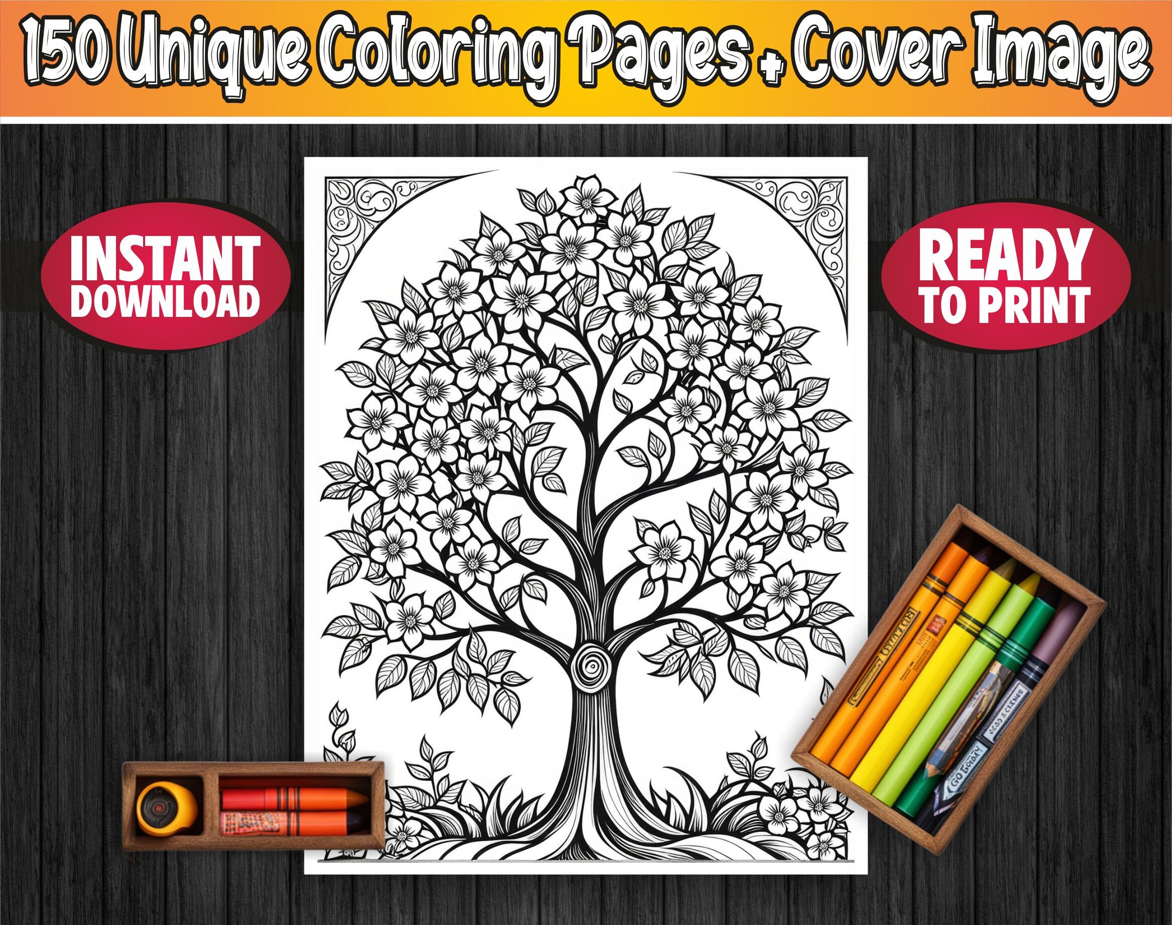 Flower Trees Coloring Book 150 Flower Trees Coloring Pages Instant ...