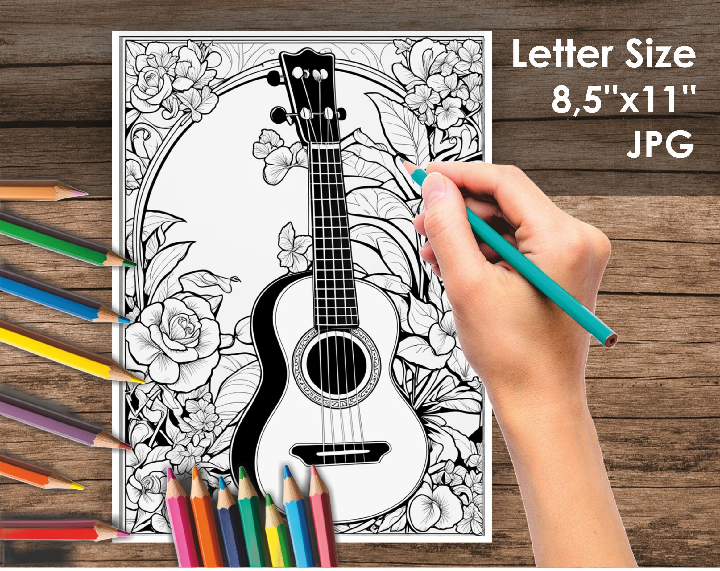 Floral Guitar Coloring Book – 28 Floral Guitar Coloring Pages for ...
