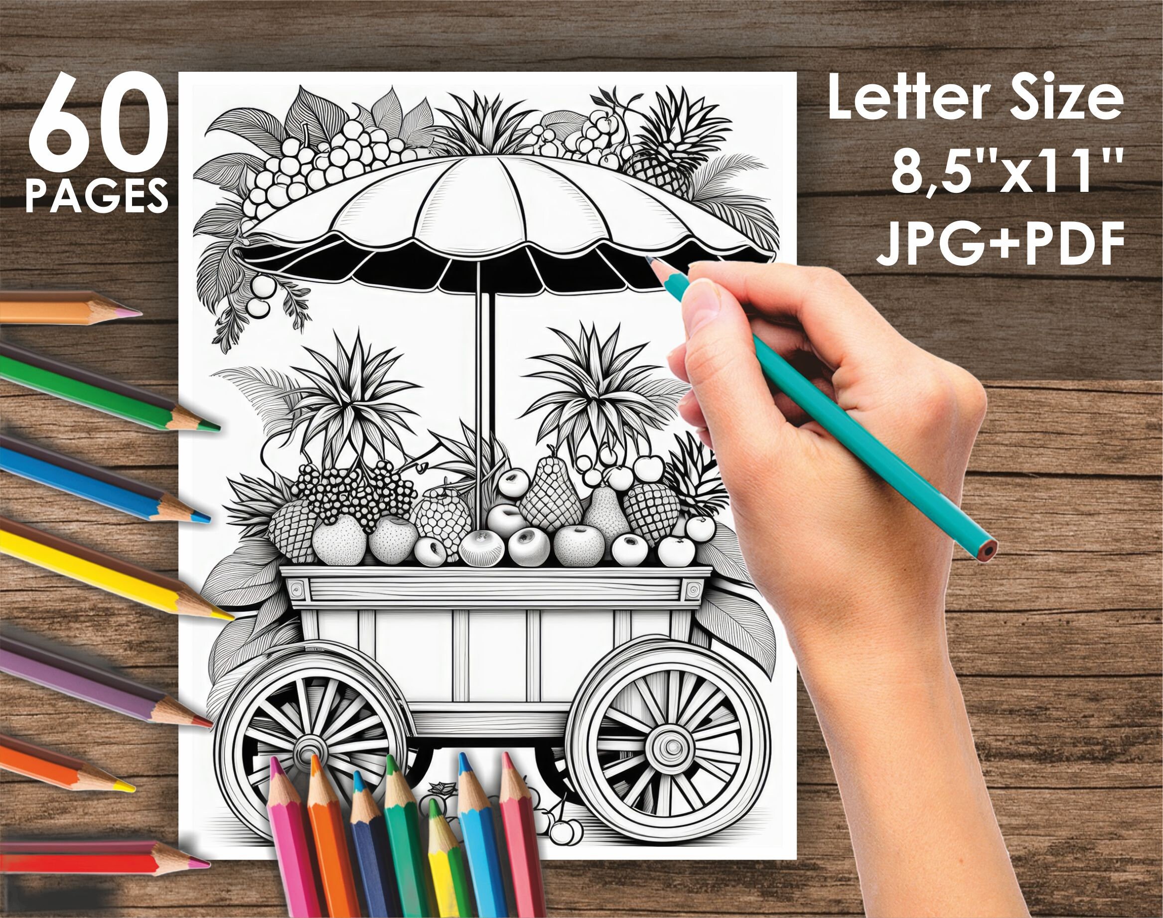 Fruit Cart Coloring Book 60 Fruit Carts Coloring Pages for Adults & for ...