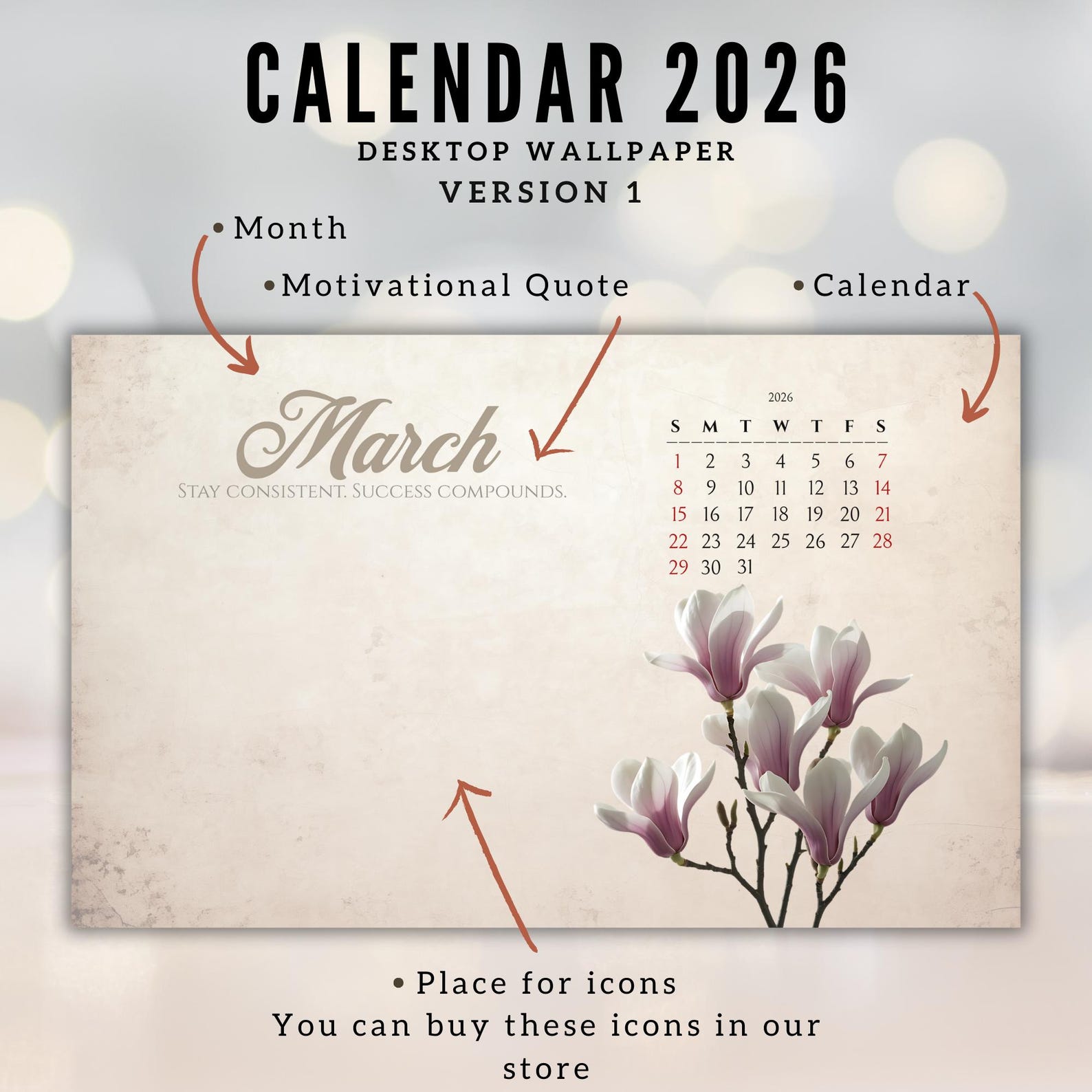 2026 Calendar Desktop Wallpaper for PC, Imac & MacBook | Floral Digital ...