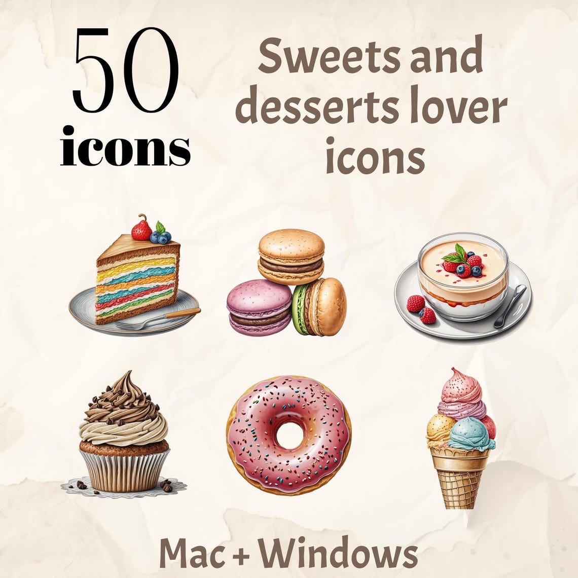 50 Sweets and Desserts Lover Icons, Desktop Icons Set, Mac and Windows ...
