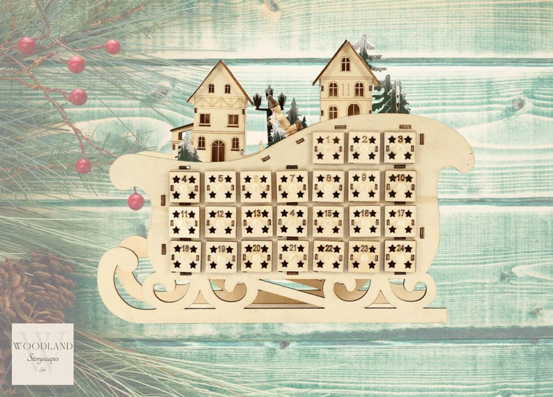 Santa Sleigh Wooden DIY Advent Calendar With 24 Small Drawers ...