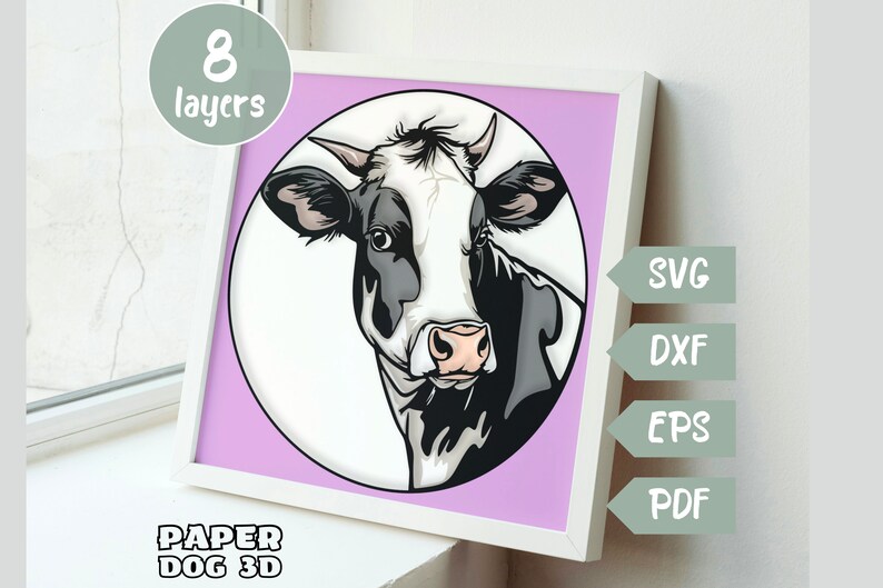 Cow Portrait 3D Layered SVG for Cardstock, Shadow Box, Multilayer ...