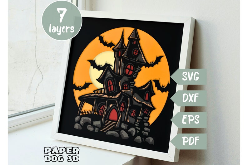 Haunted House Halloween Shadow Box Template, 3D Layered SVG for ...