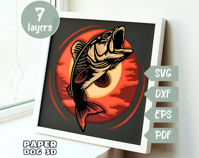 Bass Fish 3D Layered SVG for Cardstock, Multilayer Papercut, Shadow Box ...