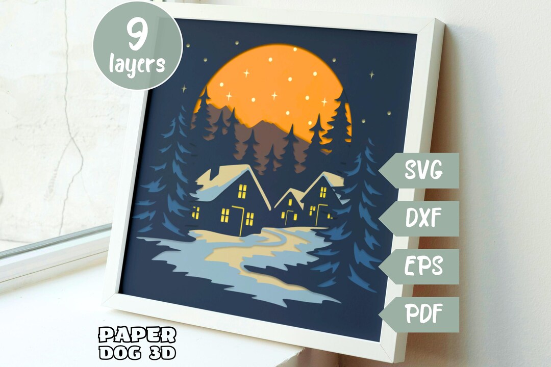 Winter Night Shadow Box Template Mountains Landscape 3D Layered SVG for ...
