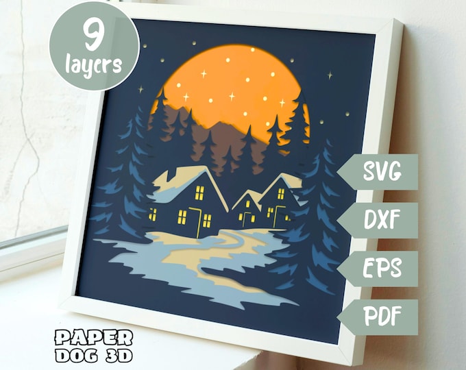 3D Winter Landscape Shadow Box SVG Template: DIY Layered Papercut ...