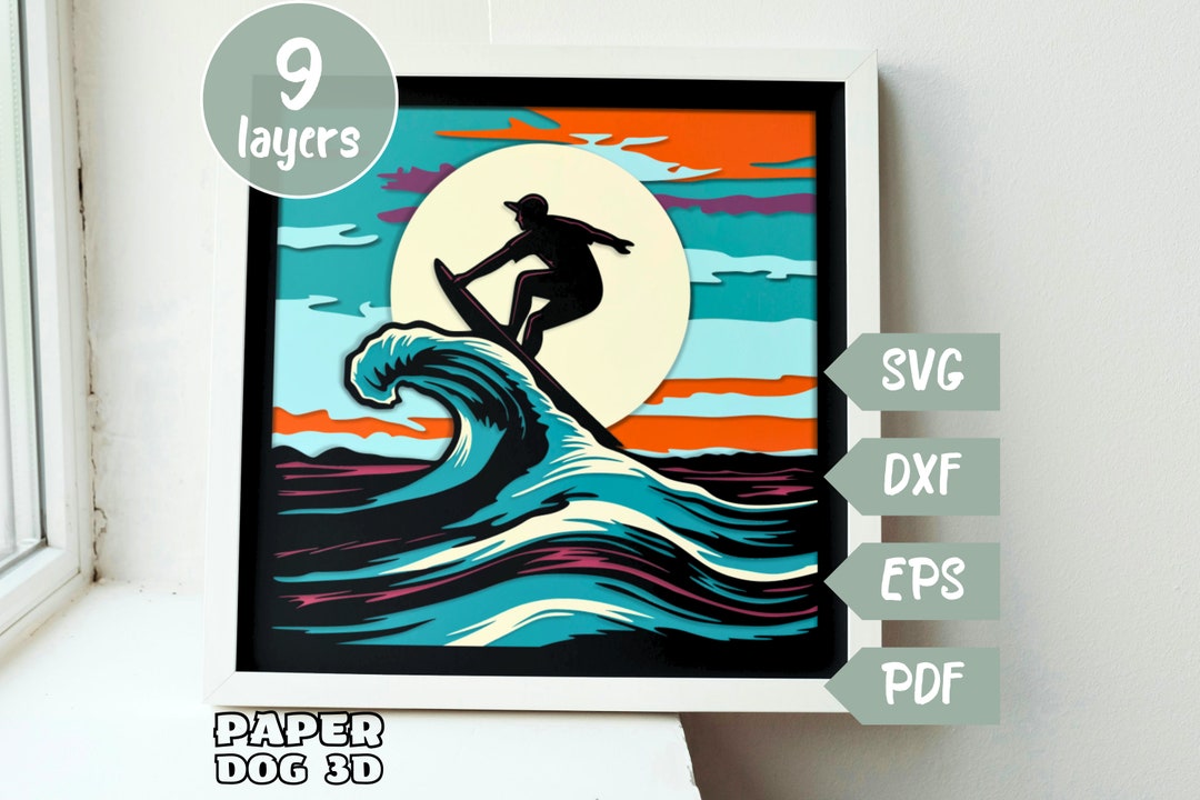 Wave Surfer Shadow Box Template 3D Layered SVG for Cardstock ...