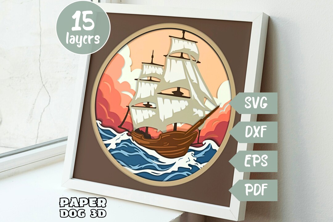 3d Sailing Ship Shadow Box Template, Layered SVG for Cardstock, File ...