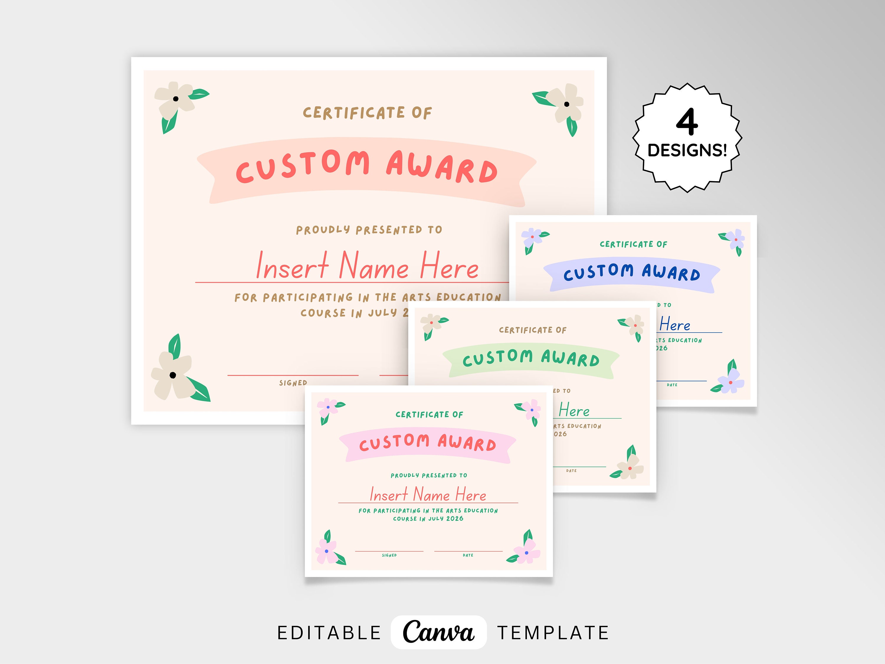 Custom Award Certificate Floral Canva Template Bundle Editable Digital ...
