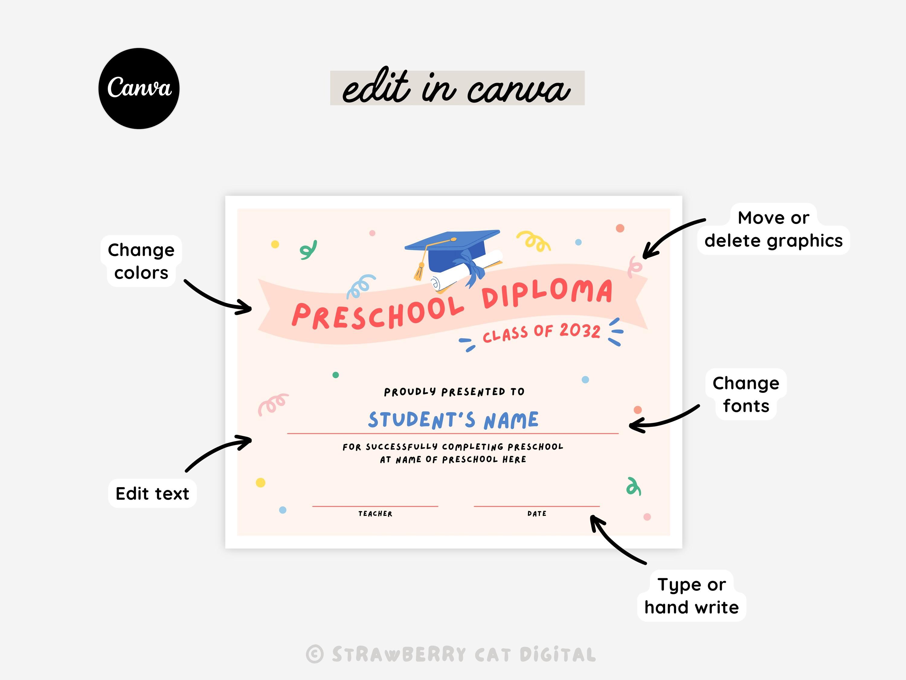 Editable Preschool Diploma Template | Printable Graduation Certificate ...
