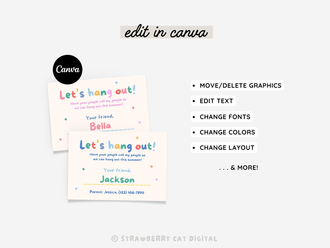 Editable Playdate Contact Cards Template | Kids Contact Card | End of ...