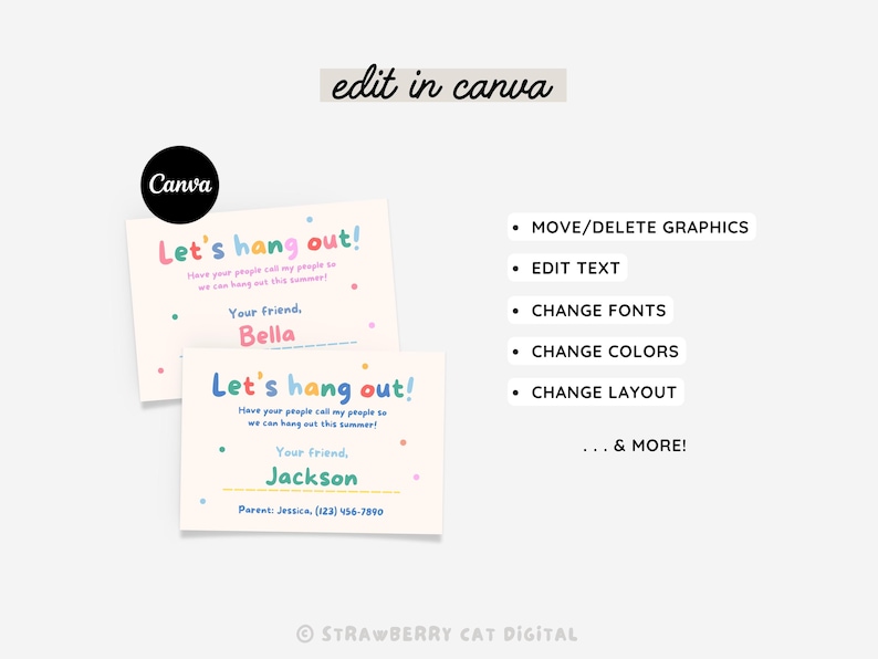 Editable Playdate Contact Cards Template | Kids Contact Card | End of ...