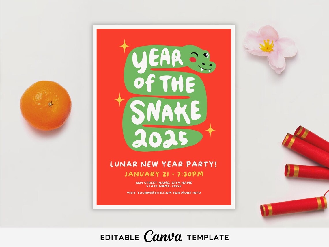Editable Lunar New Year Flyer Template | Year of the Snake 2025 Invite ...