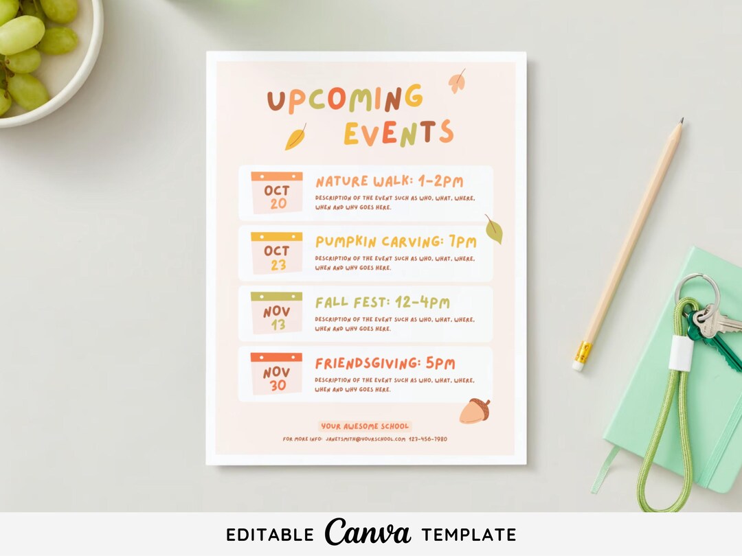 Editable Fall Upcoming Events Canva Template | Fall Events | Autumn ...