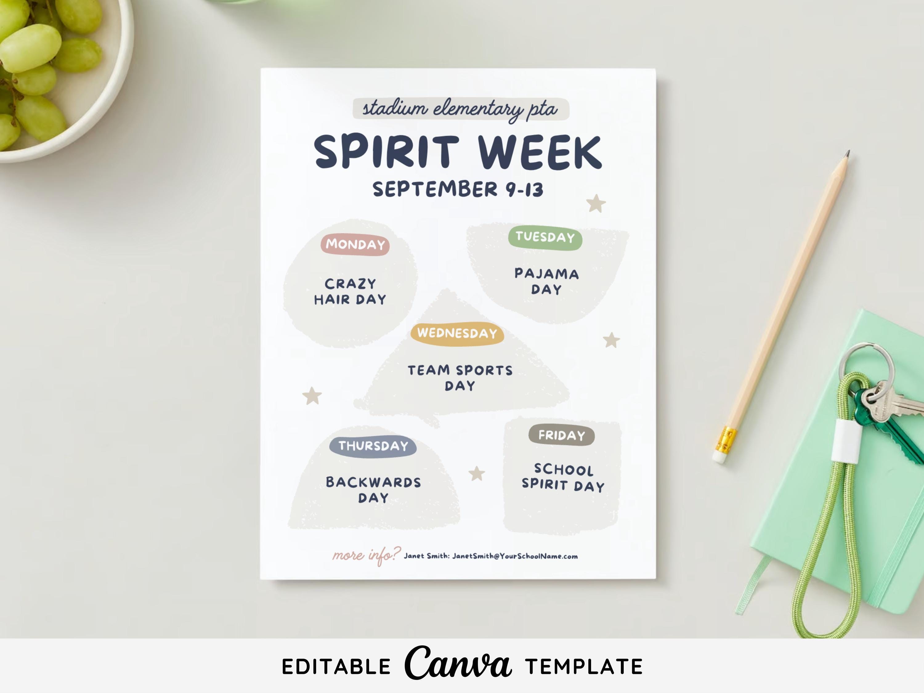 Editable Spirit Week Canva Template Natural Tones | Back to School ...