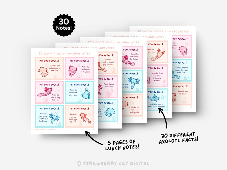 Axolotl Facts Lunchbox Notes PRINTABLE Lunch Notes for Kids Animal ...