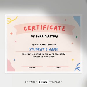 Student Participation Certificate Canva Template Editable Digital ...