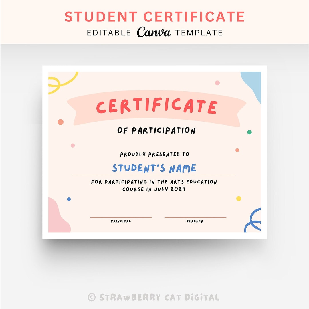 Student Participation Certificate Canva Template Editable Digital ...