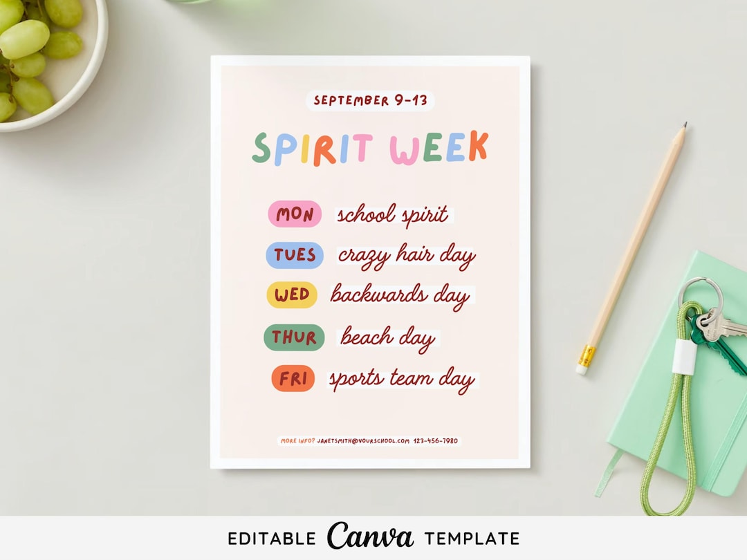Editable Spirit Week Canva Template | Back to School Spirit Week ...