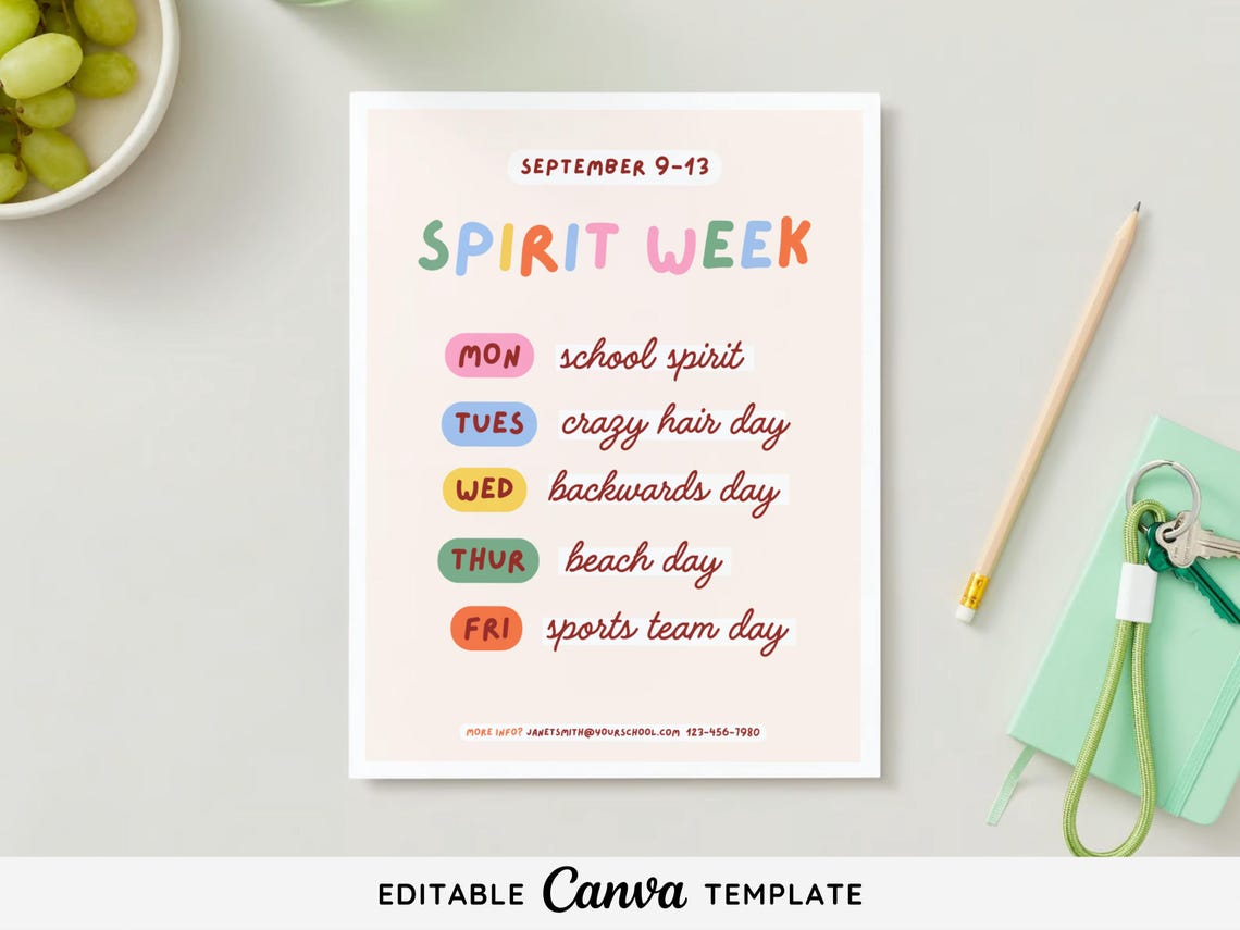 Editable Spirit Week Canva Template | Back to School Spirit Week ...