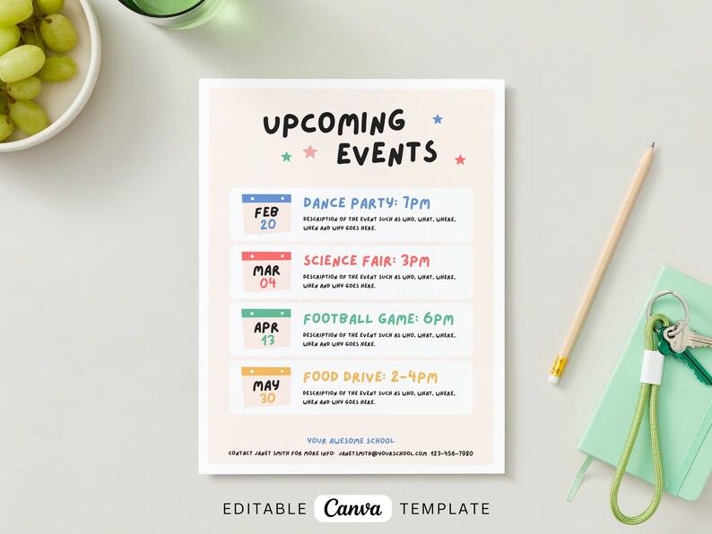 Editable Upcoming Events School Canva Template Digital Flier Calendar ...