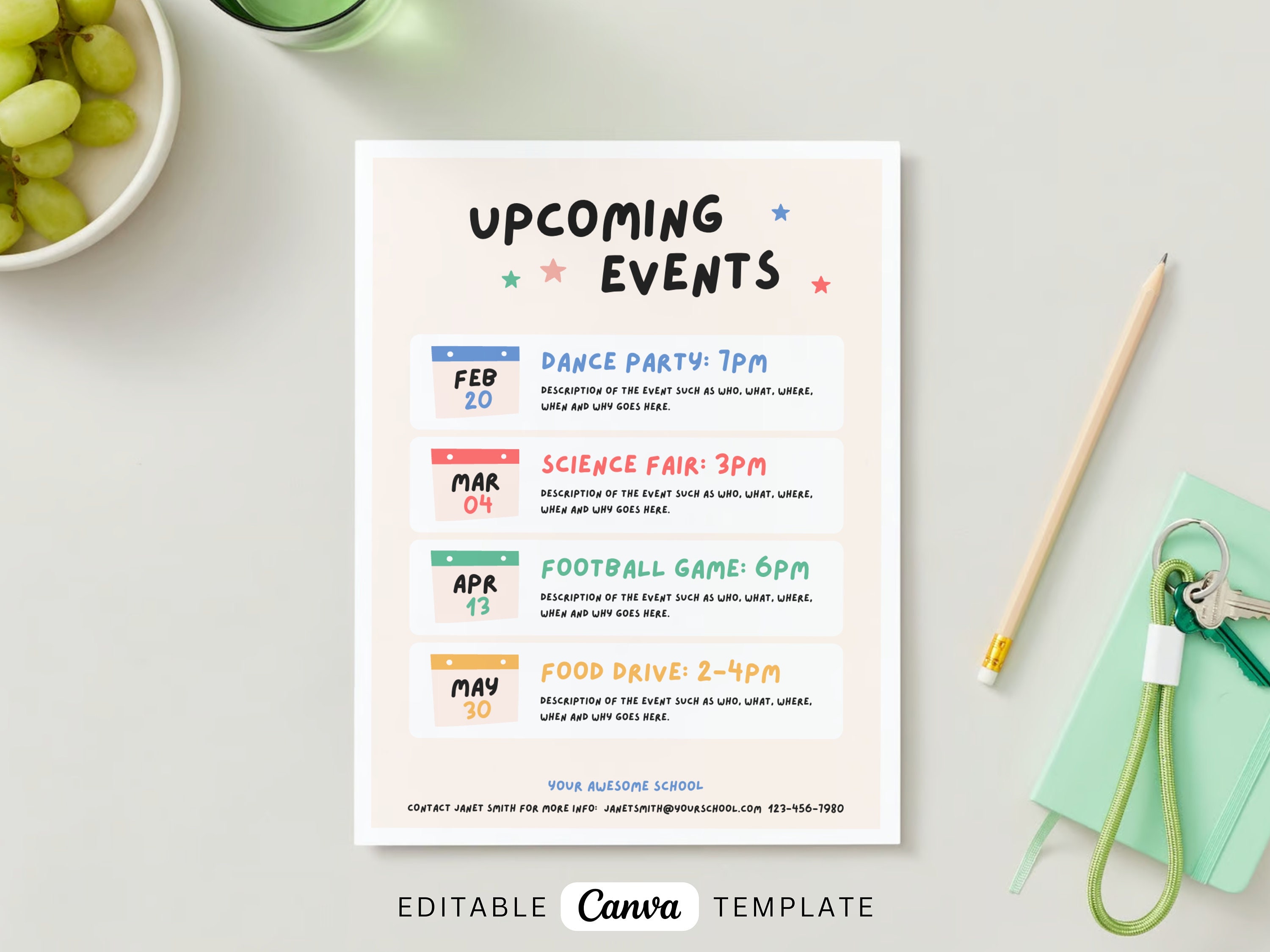 Editable Upcoming Events School Canva Template Digital Flier Calendar ...