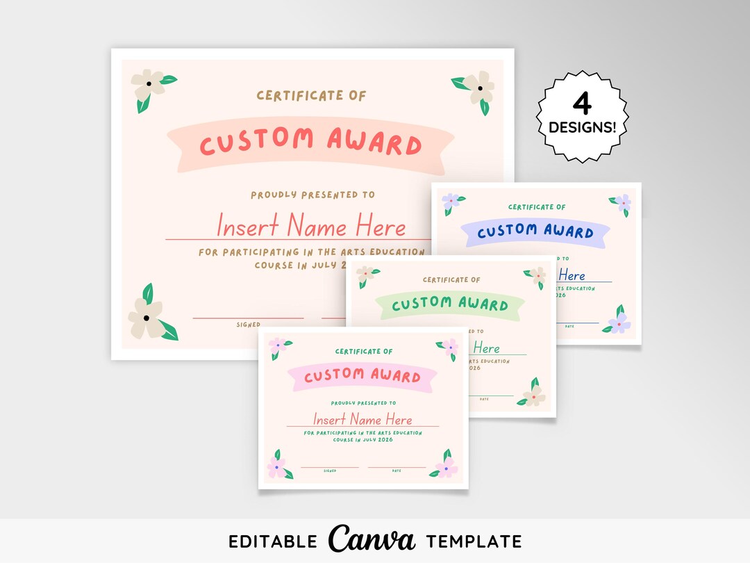 Custom Award Certificate Floral Canva Template Bundle | Editable ...