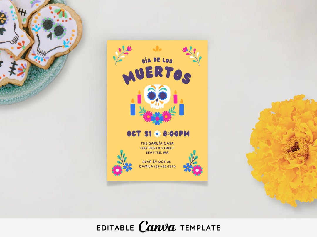 Editable Día De Los Muertos Invitation Canva Template | Day of the Dead ...