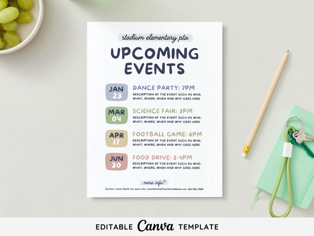 Editable Upcoming Events School Natural Tones Canva Template | Digital ...