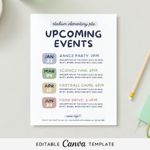 Editable Upcoming Events School Natural Tones Canva Template | Digital ...