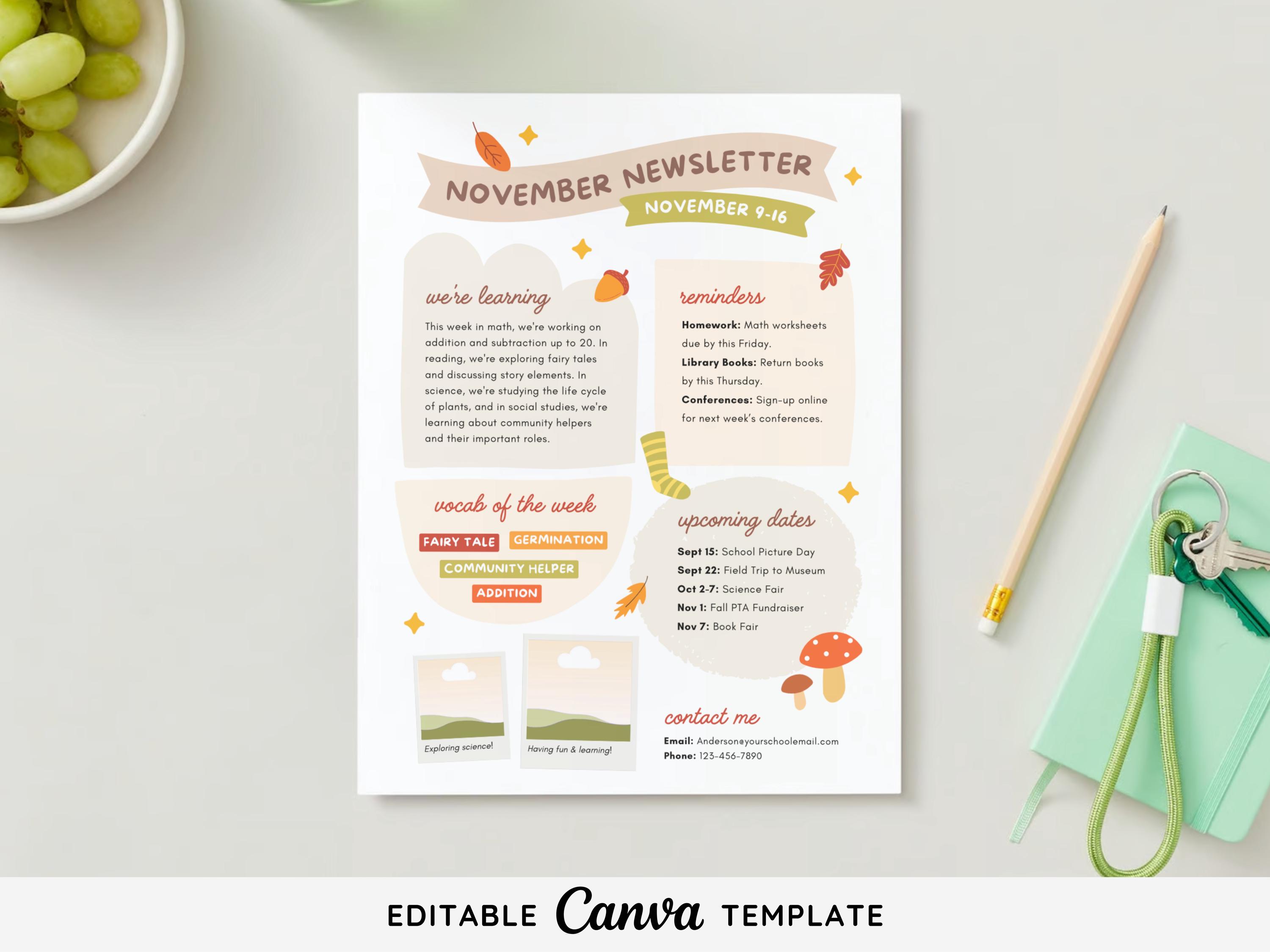 Editable November Newsletter Canva Template | Fall Newsletter Monthly ...