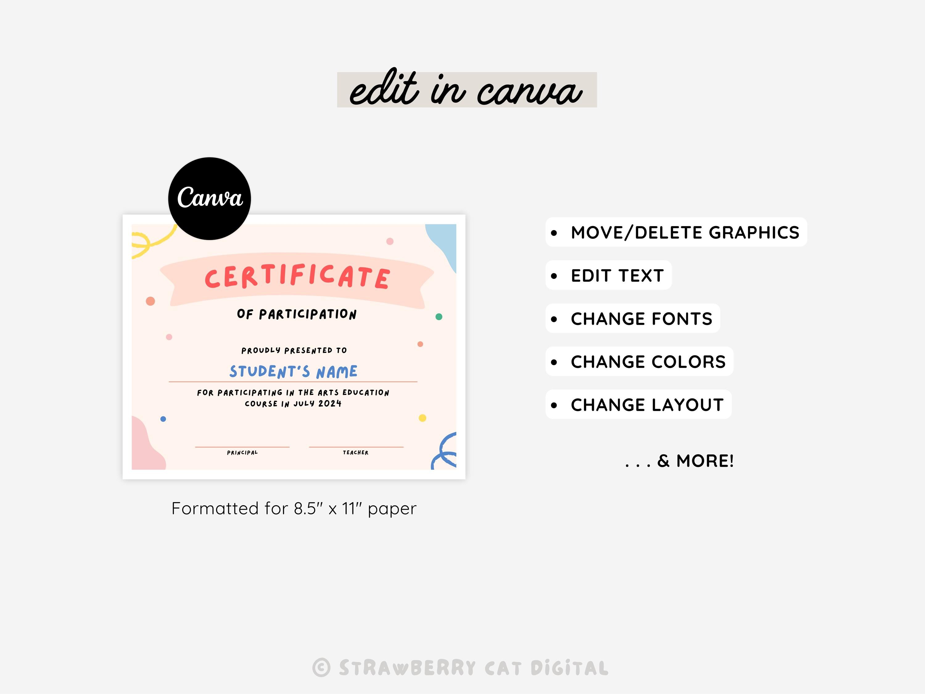 Student Participation Certificate Canva Template | Editable Digital ...